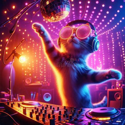 Disco Cat Djing At A Retro Music Party Stock Image Image Of Cool