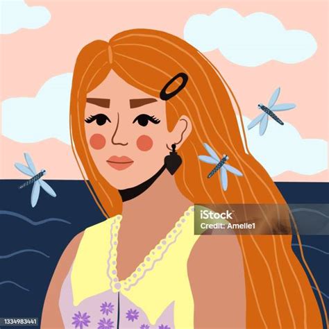 바다의 배경에 빨간 머리를 가진 아름다운 젊은 여성의 초상화 현대적인 평면 스타일 예쁜 소녀 벡터 일러스트레이션 갈색 머리에 대한 스톡 벡터 아트 및 기타 이미지 Istock