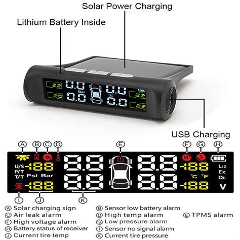 Tpms Tire Pressure Warning With 4 External Sensors Monitoring System Solar Car Pressure Alarm