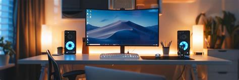 Modern Home Office Setup With Curved Monitor And Desk Lamps A Modern Home Office Workspace Wi