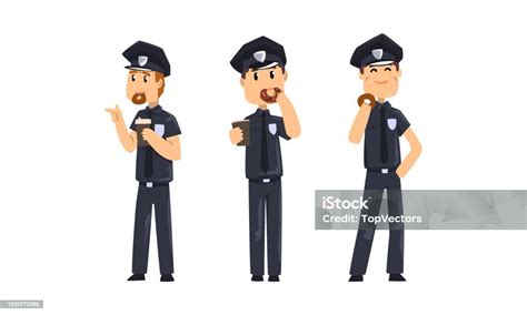 도넛을 먹고 커피를 마시는 남성 경찰관 휴식 벡터 일러스트를 가진 경찰관 캐릭터 가공의 인물에 대한 스톡 벡터 아트 및 기타