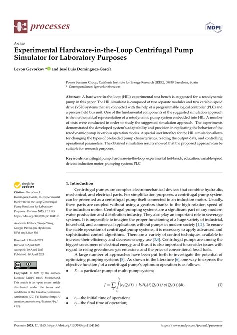 Pdf Experimental Hardware In The Loop Centrifugal Pump Simulator For Laboratory Purposes