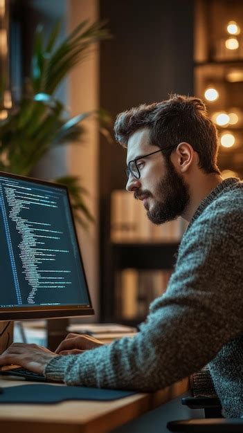 Young Software Developer Typing Code On Desktop Computer In A Cozy Home Office Technology