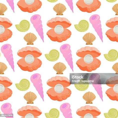 바다 포탄 해양 만화조가 완벽 한 패턴 배경 바다 불가사리 산호해 벡터 일러스트 레이 션 가리비에 대한 스톡 벡터 아트 및 기타