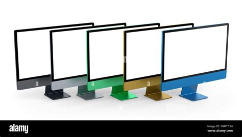 Set Of Desktop Computers With Blank Screen Display Isolated On White