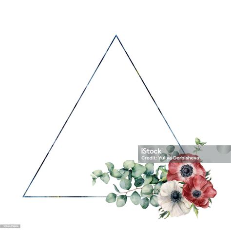 말미 잘 꽃다발을 수채화 삼각형 프레임입니다 손 그려진된 현대 꽃 라벨 유칼립투스 나뭇잎과 가지 빨간색과 흰색 네모 흰색 배경에 고립 인사 서식 파일 디자인에 대 한 0명에