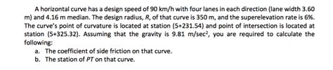 Solved A Horizontal Curve Has A Design Speed Of Km H With Chegg