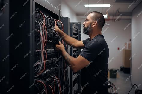 Technician Installing A Server Rack Mounted Air Conditioner Unit Premium Ai Generated Image