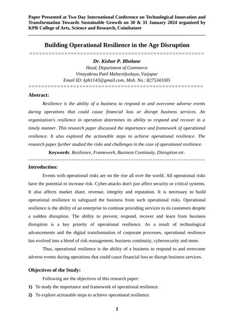 Pdf Building Operational Resilience In The Age Disruption