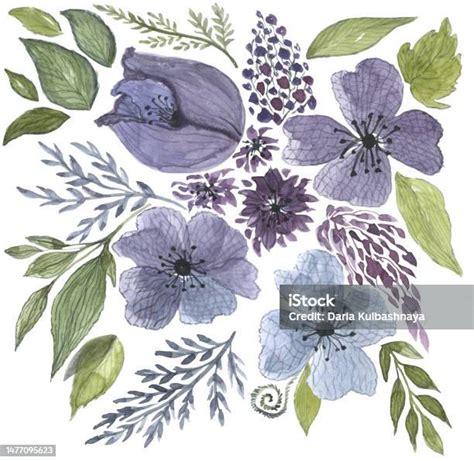 환상적인 수채화 꽃의 꽃다발입니다 나뭇잎 흰색 배경이 있는 큰 보라색 꽃 디자인 패턴 장식 배경 벽지 직물 스티커를 만드는 요소 0명에 대한 스톡 벡터 아트 및 기타 이미지