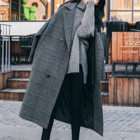 테일러드카라 체크 베이직 모직자켓 오버핏 뒷트임 박시 더블 루즈핏 롱코트 봄가을 캐주얼 에이블리