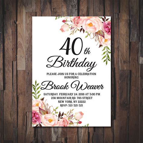 Female 40th Birthday Invitation Templates