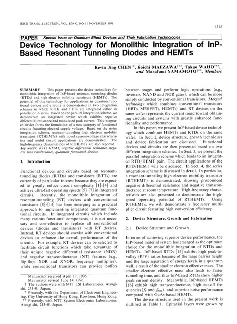 Pdf Device Technology For Monolithic Integration Of Inp Based Resonant Tunneling Diodes And Hemts