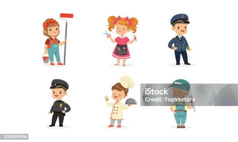 귀여운 소년과 다른 직업 세트의 소녀 화가 미용사 파일럿 경찰관 요리사 배관공 만화 벡터 일러스트 소녀에 대한 스톡 벡터 아트