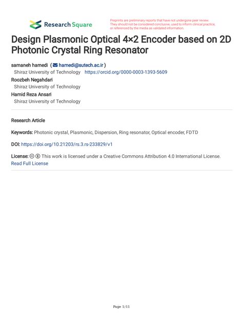 Pdf Design Plasmonic Optical 4×2 Encoder Based On 2d Photonic Crystal