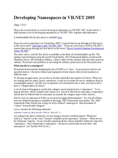 developing name spaces in vb pdf namespace class computer programming