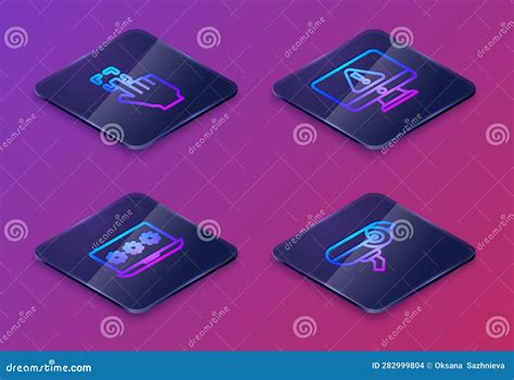 Set Isometric Line Fingerprint Laptop With Password Monitor Exclamation Mark And Security
