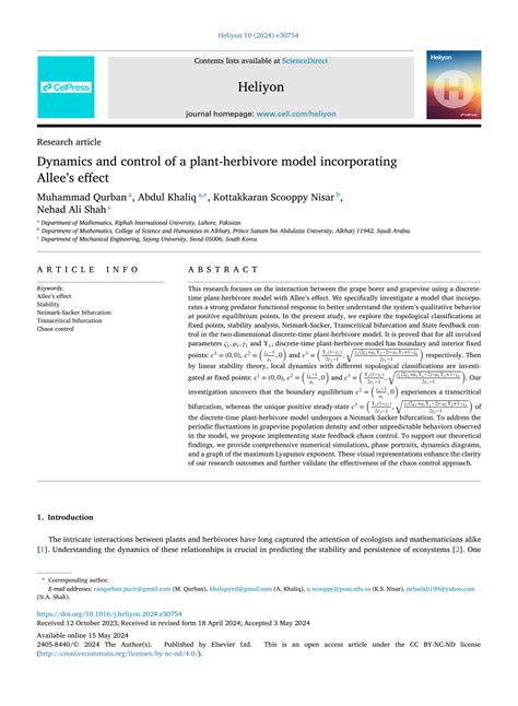 Pdf Dynamics And Control Of A Plant Herbivore Model Incorporating Allees Effect