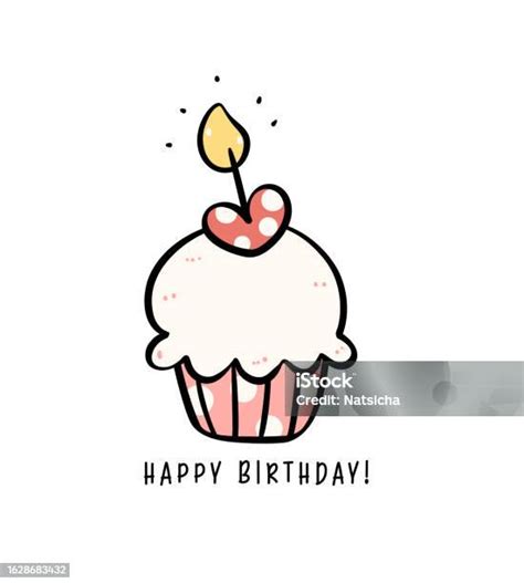 귀여운 핑크 생일 케이크 컵케익 촛불 최소 낙서 인사말 카드에 딱 맞는 귀여운 케이크 그림 손 그리기로 파티를 축하합니다 개념에 대한 스톡 벡터 아트 및 기타 이미지