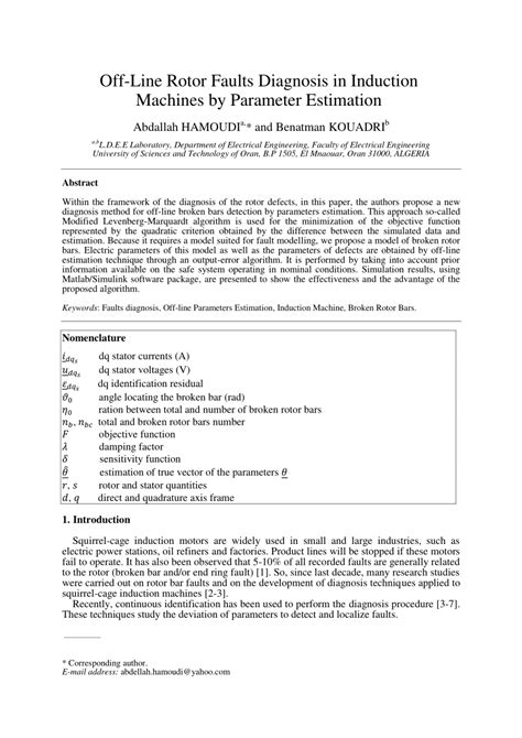 Pdf Off Line Rotor Faults Diagnosis In Induction Machines By Parameter Estimation