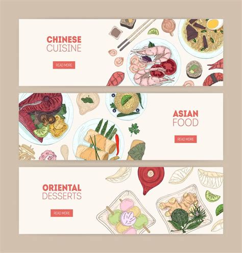 Collection Of Horizontal Web Banners With Asian Cuisine Meals And