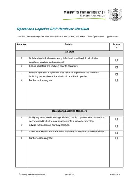 Operations Logistics Shift Handover Checklist Pdf