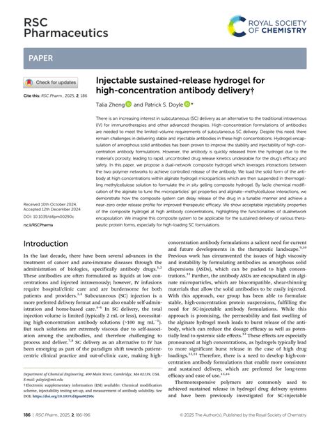 Pdf Injectable Sustained Release Hydrogel For High Concentration Antibody Delivery
