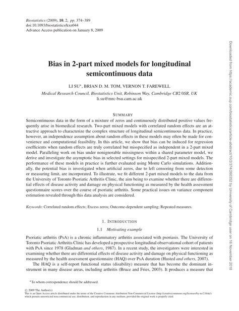 Pdf Bias In 2 Part Mixed Models For Longitudinal Semicontinuous Data