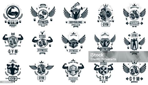 피트니스 스포츠 엠블럼 로고 또는 바벨 아령 케틀벨과 근육 남자 실루엣 벡터 세트 운동 운동 활성 라이프 스타일 테마 스포츠 클럽 또는 대회 상 포스터