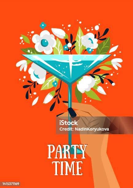 손에 칵테일 꽃과 잎이 든 여름 엽서 여름 분위기 일러스트레이션 카드 포스터 전단지 배너 및 기타를위한 벡터 템플릿 칵테일에 대한 스톡 벡터 아트 및 기타 이미지 Istock