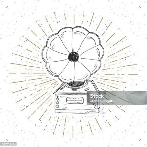 축음기 빈티지 라벨 손으로 그린된 스케치 그런 지 질감된 복고풍 배지 인쇄 술 디자인 T셔츠 인쇄 벡터 일러스트 0명에 대한 스톡 벡터 아트 및 기타 이미지 Istock