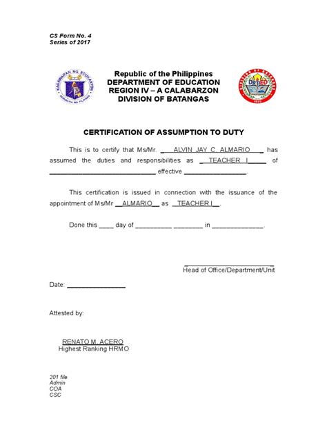 Cs Form No 4 Certification Of Assumption To Duty Pdf