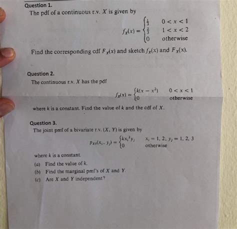 solved question 1 the pdf of a continuous r v x is given