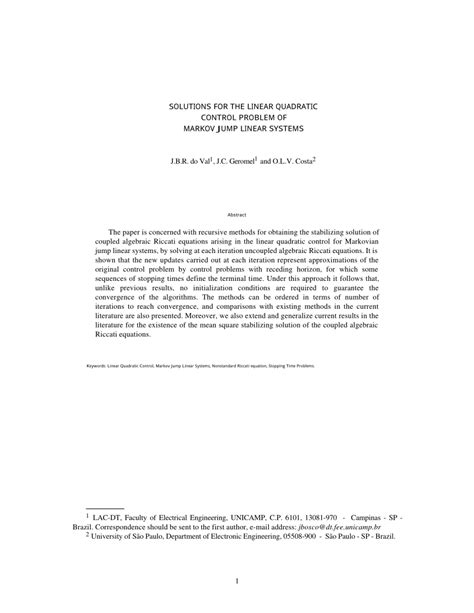 Pdf Solutions For The Linear Quadratic Control Problem Of Markov Jump Linear Systems