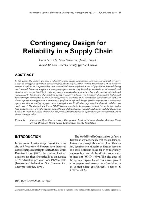 Pdf Contingency Design For Reliability In A Supply Chain
