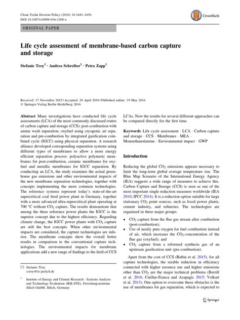 Troy2016 Article Life Cycle Assessment Of Membrane Based Carbon Capture Download Free Pdf