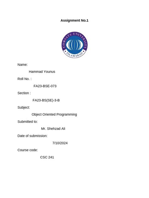 assignment no 1 oop hammad pdf