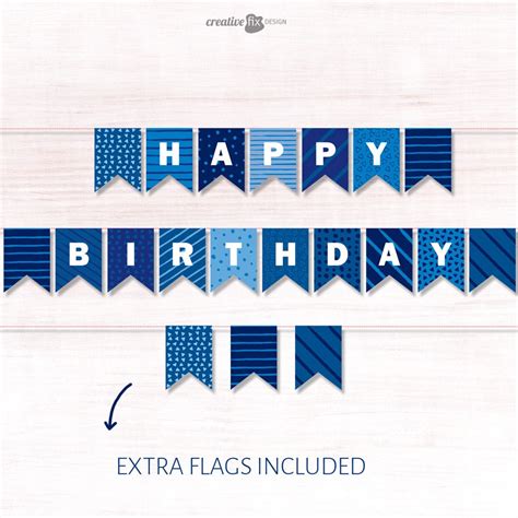 Blue Printable Happy Birthday Banner Decor Bunting Flags Wall Party