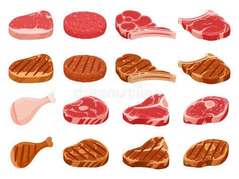 Cartoon Raw And Grilled Meat Steak Fresh Burger Patty Roasted