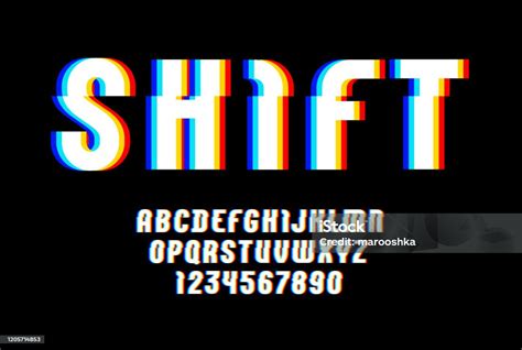 왜곡 된 글리치 효과의 알파벳 현대 흰색 글꼴 라틴어 문자를 A에서 Z로 숫자를 0에서 9로 전환하고 효과를 슬라이스했습니다 컴퓨터 글자에 대한 스톡 벡터 아트 및 기타