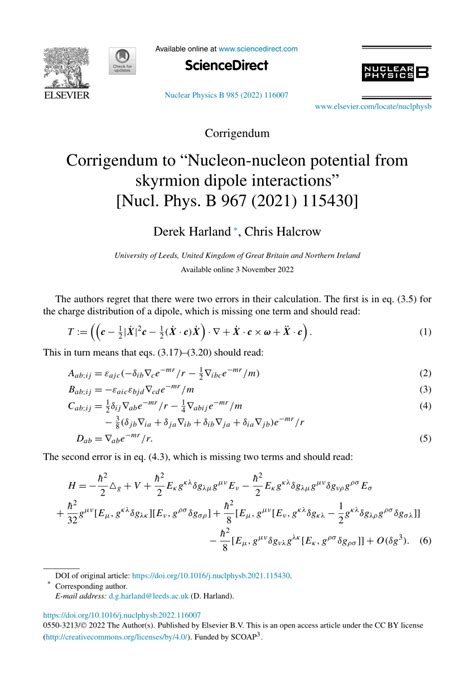 Pdf Corrigendum To “nucleon Nucleon Potential From Skyrmion Dipole Interactions” [nucl Phys