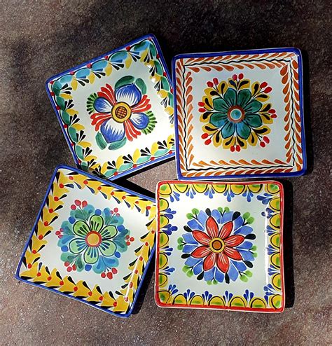 Mexican Pottey Flowers Asst Mini Square Plate Tapa Plate 55 Set Of