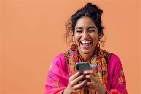 An Indian Woman Beams With Joy As She Recommends A Vibrant Mobile App On A Peach Background Her