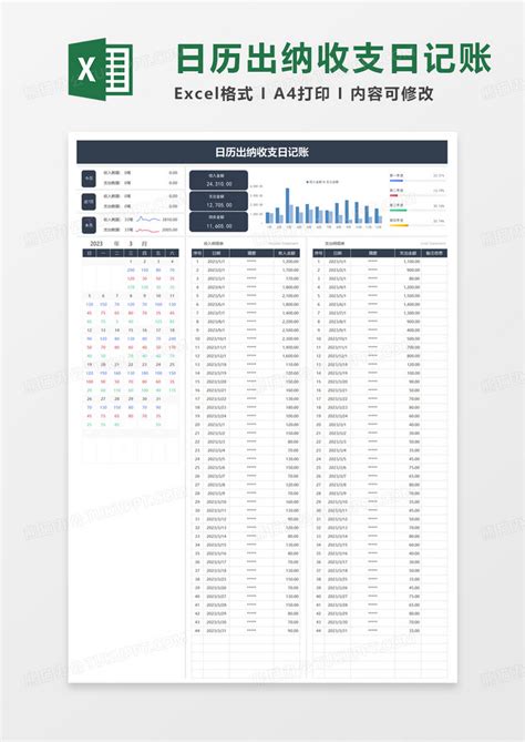 日历出纳收支日记账excel模板下载 熊猫办公