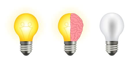 현실적인 전구입니다 빛나는 노란색과 흰색 백열등 노란 전구 속의 뇌 좋은 생각이야 창의적인 아이디어 브레인스토밍 마음 비표준