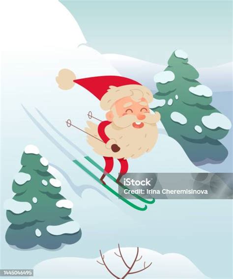 겨울 숲에서 스키를 타는 행복한 산타클로스 벡터 삽화 수염 빨간 모자 스키 폴을 들고 있는 의상을 입은 만화 재미있는 귀여운
