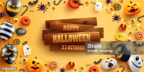 오래된 나무 보드 할로윈 유령 풍선 호박무서운 공기 풍선 박쥐 사탕 및 노란색 배경에 할로윈 요소와 할로윈 배너 템플릿 10월에 대한 스톡 벡터 아트 및 기타 이미지