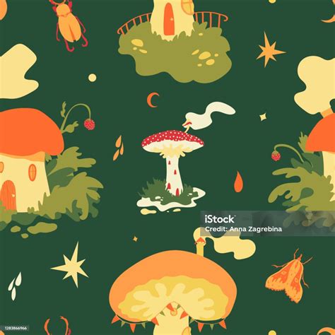 버섯 요정 마을 벡터 매끄러운 패턴 귀여운 버섯 집 나방 사슴 딱정벌레 달과 어두운 녹색 배경에 따뜻한 가을 색상에 별 0명에 대한 스톡 벡터 아트 및 기타 이미지 Istock