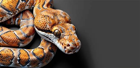 Orange And Black Patterned Python Coiled On A Dark Background Detailed Scales Premium Ai