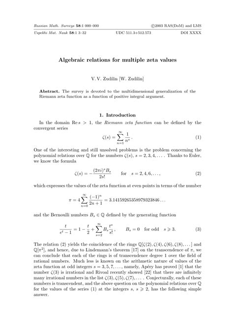 Pdf Algebraic Relations For Multiple Zeta Values
